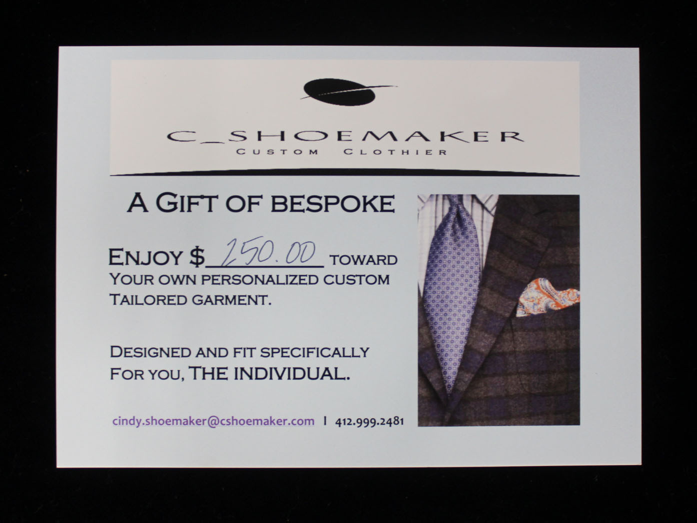 A Gift of Bespoke $250 Custom Clothing Gift Certificate - Latrobe Art ...